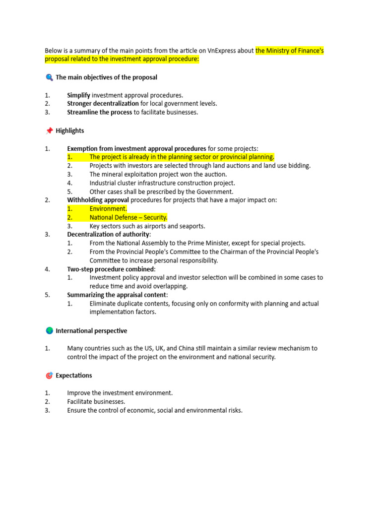 Summary of The Main Points The Ministry of Finance For Investment | PDF