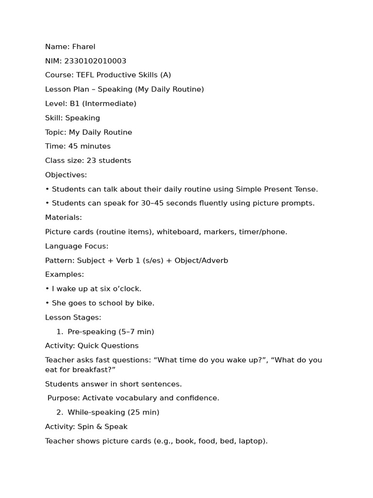 Lesson Plan Tefl Ps Uts 2025 | PDF