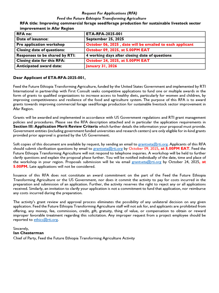 ETA RFA 2025 001 Forage Clean Final | PDF | Agriculture | Budget
