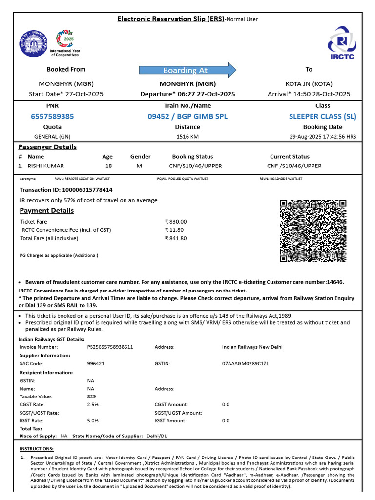 BGP Gimb SPL Sleeper Class (SL) : Electronic Reservation Slip (ERS ...