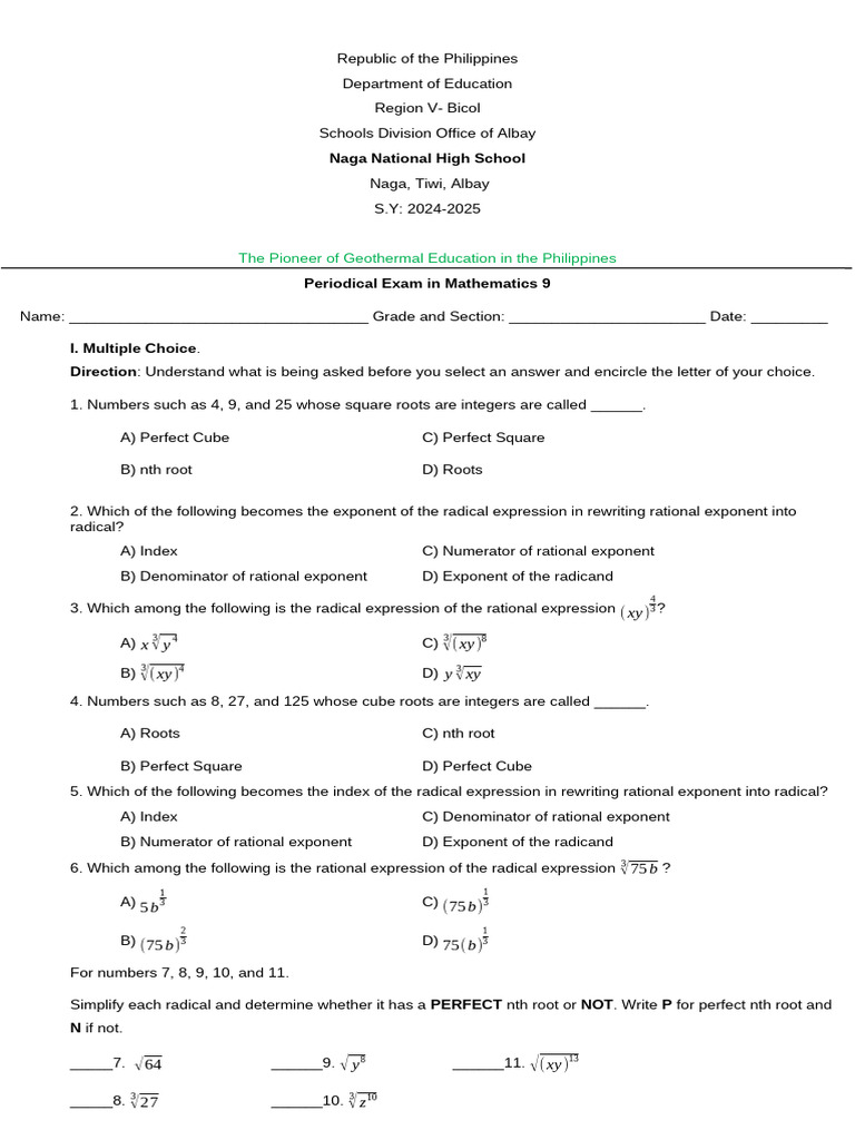 Fourth Periodical Exam | PDF | Exponentiation | Mathematics