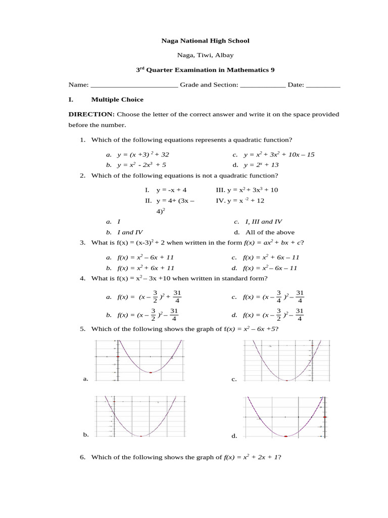 Grade 9 3RD Quarter Exam (Math) | PDF | Mathematics | Mathematical Concepts