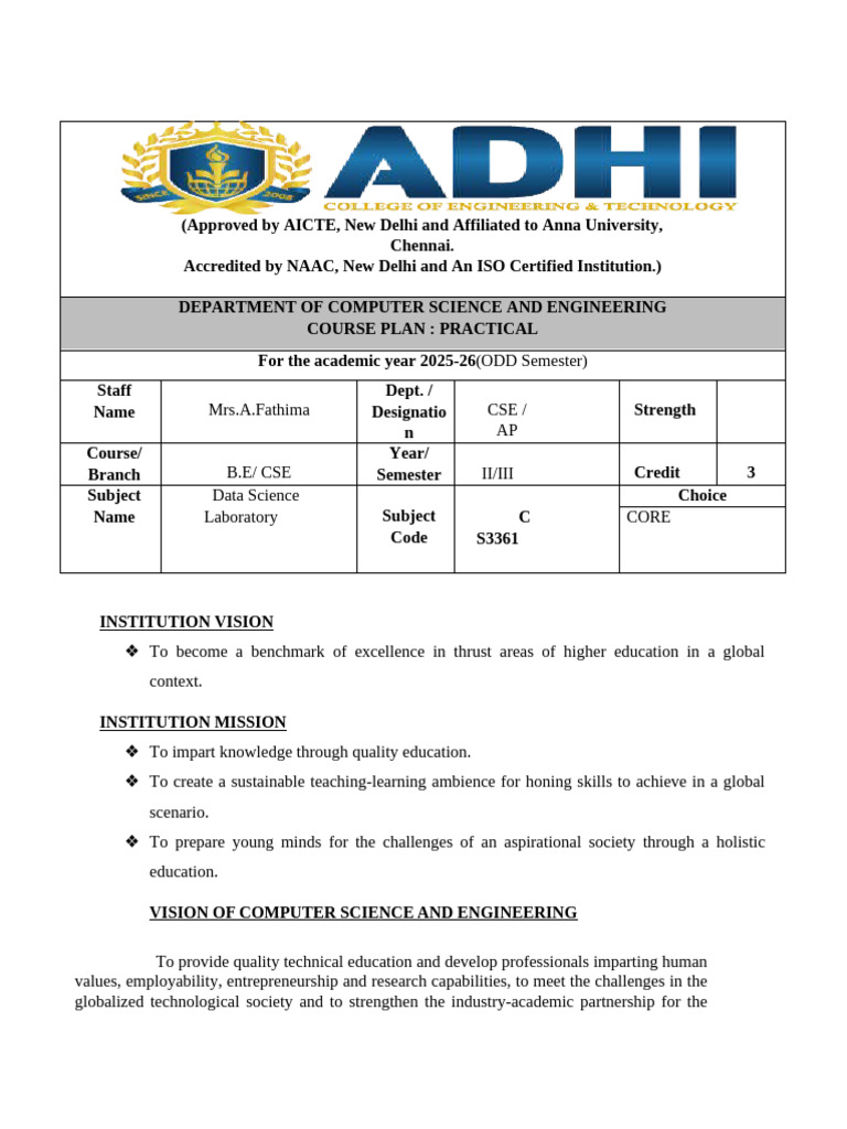 Data Science Laboratory Course Plan | PDF | Engineering | Knowledge