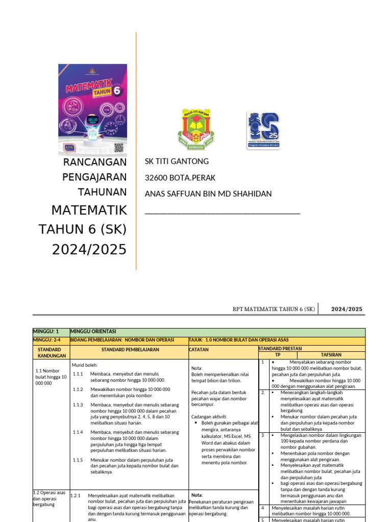 RPT Matematik Tahun 6: Nombor & Operasi | PDF