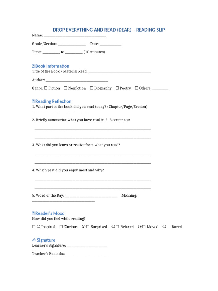 DEAR Reading Slip Template | PDF