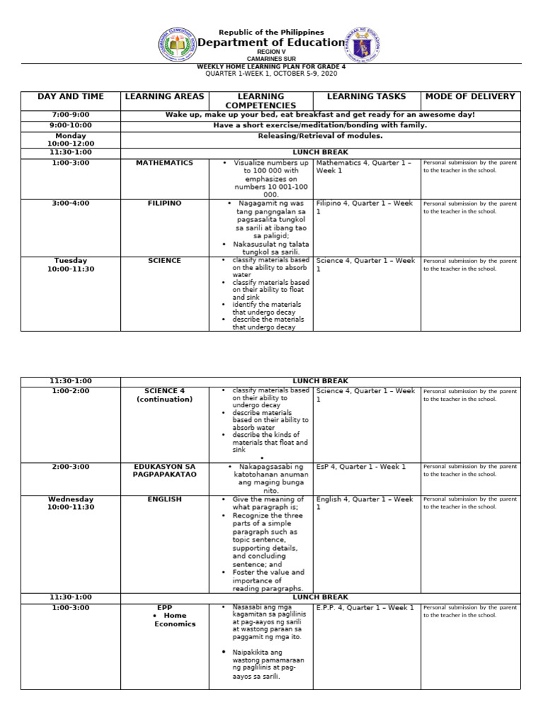 Weekly Home Learning Plan | PDF | Teaching | Human Communication