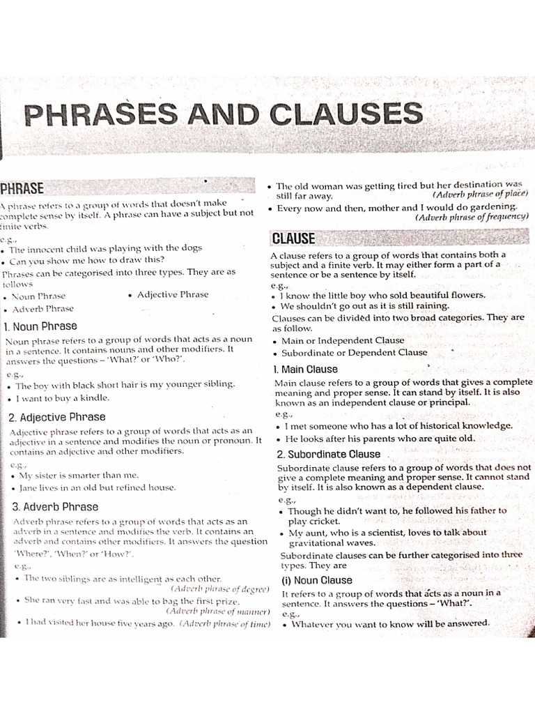 Grammar Review - Phrases, Clauses, and Sentence Analysis - Notes | PDF