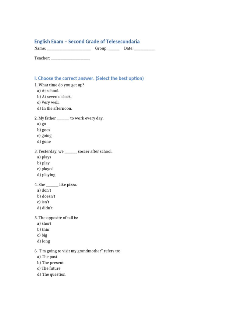 English Exam Second Grade Telesecundaria | PDF