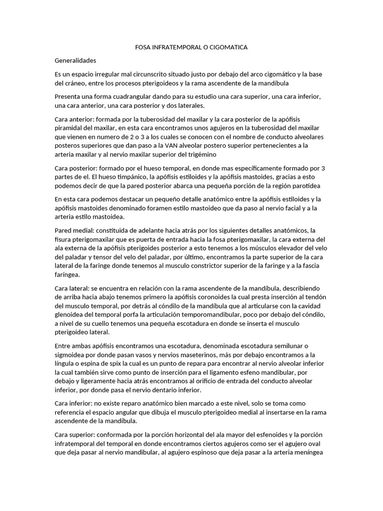 Fosa Infratemporal o Cigomatica | PDF | Anatomía humana | Cabeza y ...