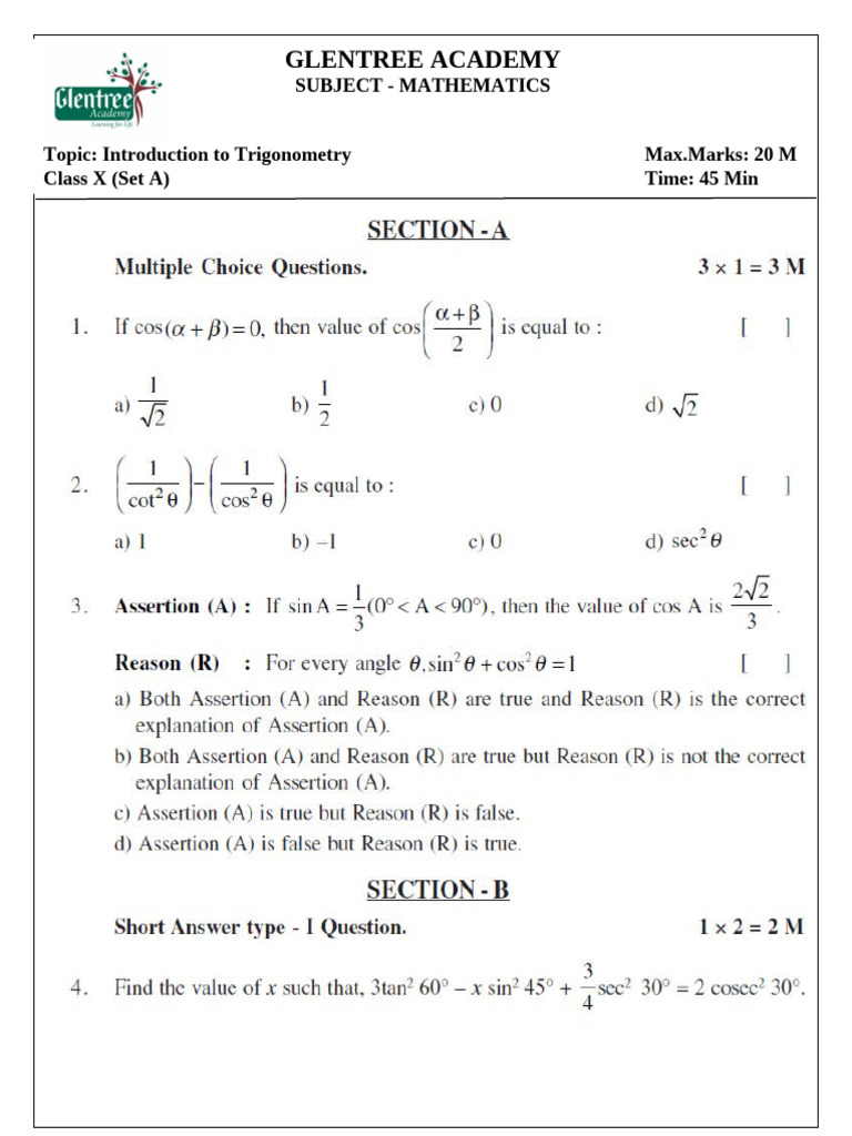 Glentree Academy: Subject - Mathematics | PDF