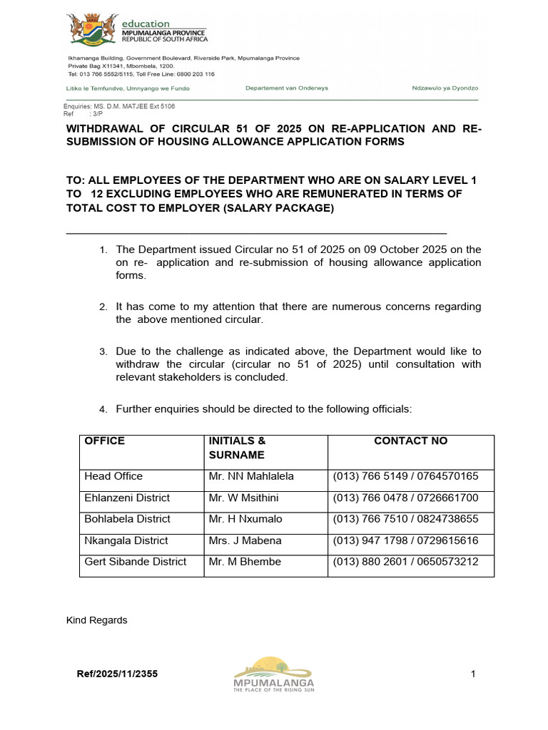 Withdrawal of Circular 51 On Re Application of Housing Allowance | PDF