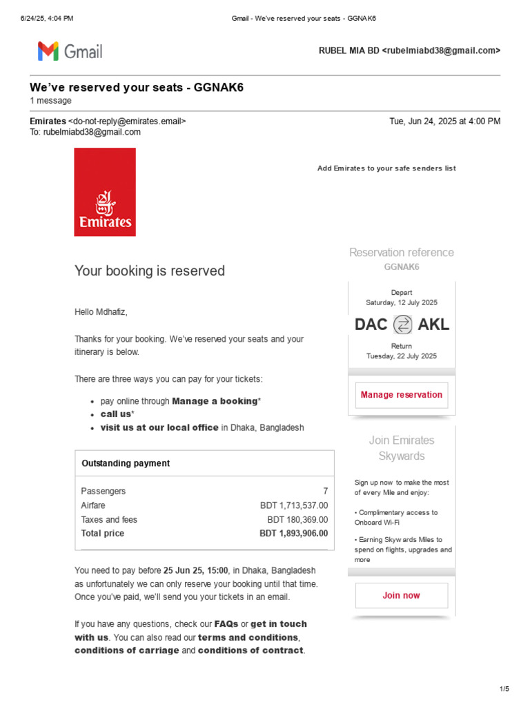 Booking Confirmation - Emirates United States - GGNAK6 | PDF | Emirates ...