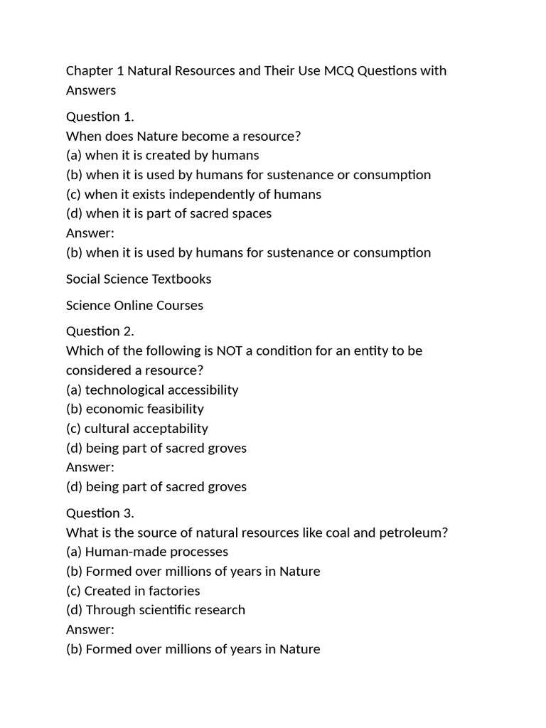 Chapter 1 Natural Resources and Their Use MCQ | PDF | Natural ...