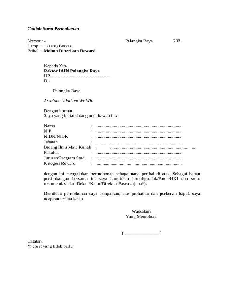 Contoh Surat Permohonan Reward Akademik | PDF
