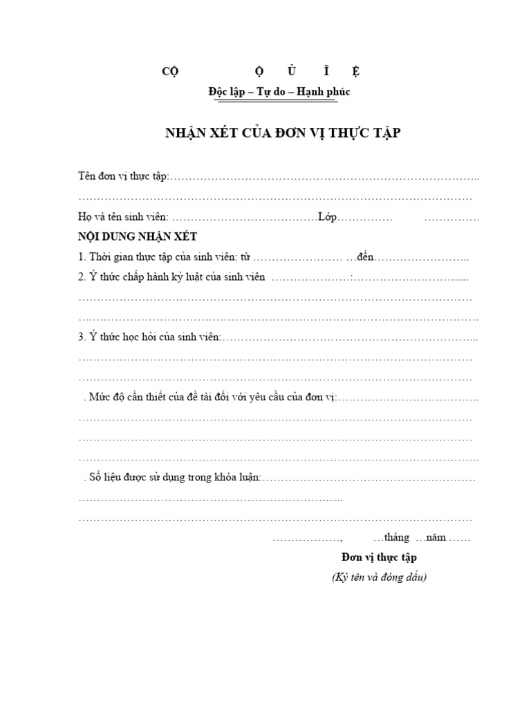 Nhan Xet Cua Don Vi Thuc Tap | PDF