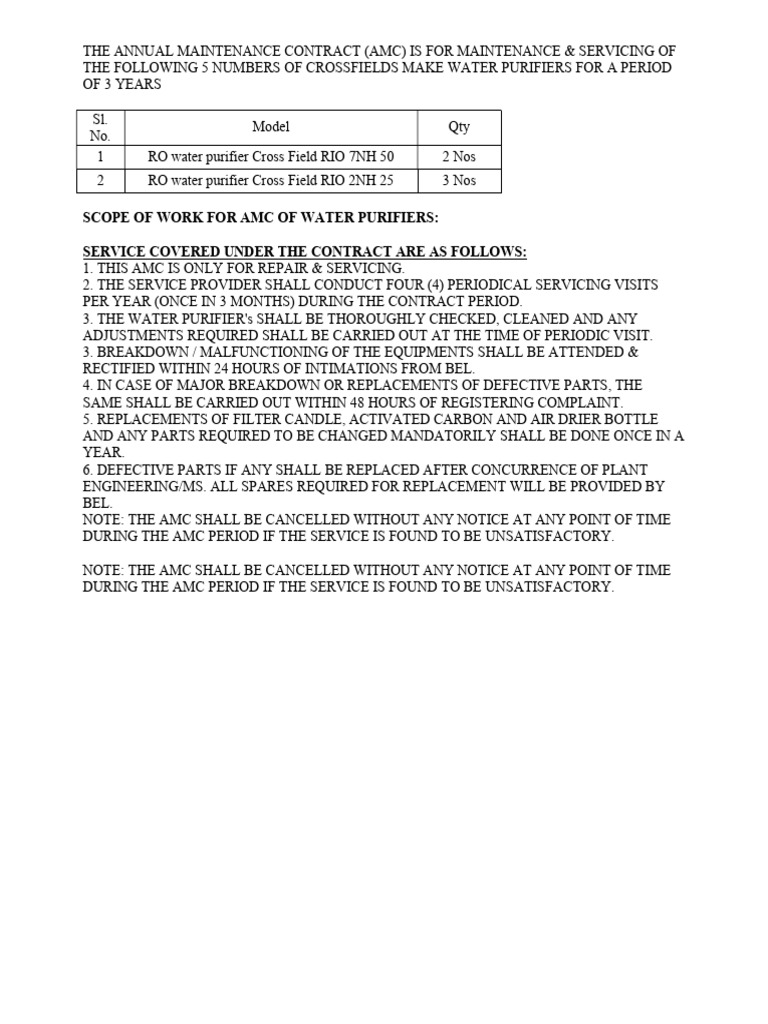Scope of Work For Amc of Water Purifiers: Service Covered Under The ...