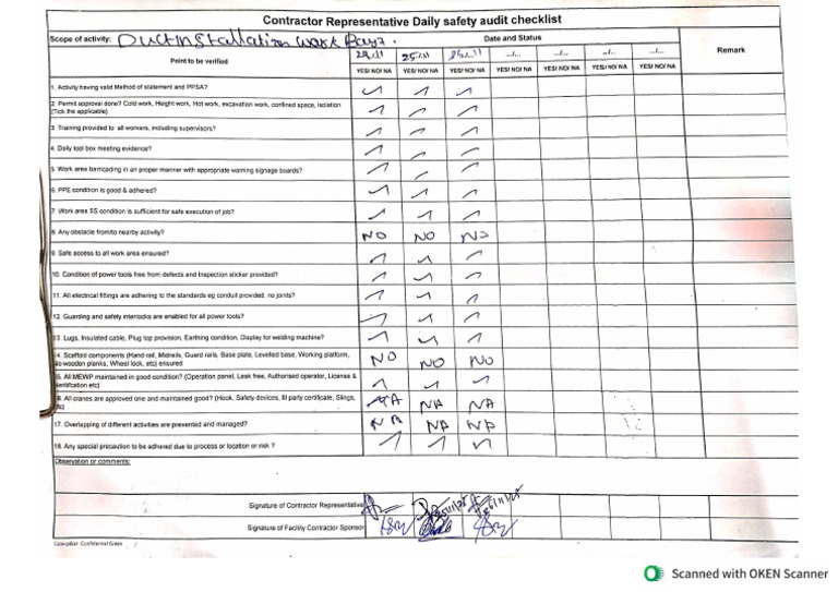 Contractor Audit Daily Check List 26th | PDF
