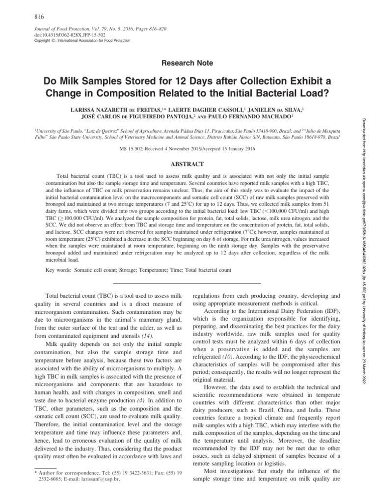 Do Milk Samples Stored For 12 Days After Collection Exhibit | PDF ...