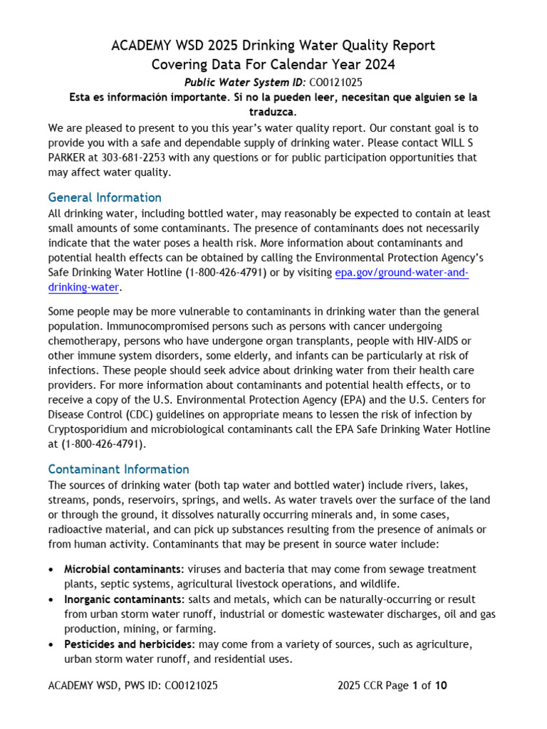 ACADEMY 2025 Water Quality Report | PDF | Drinking Water | Water