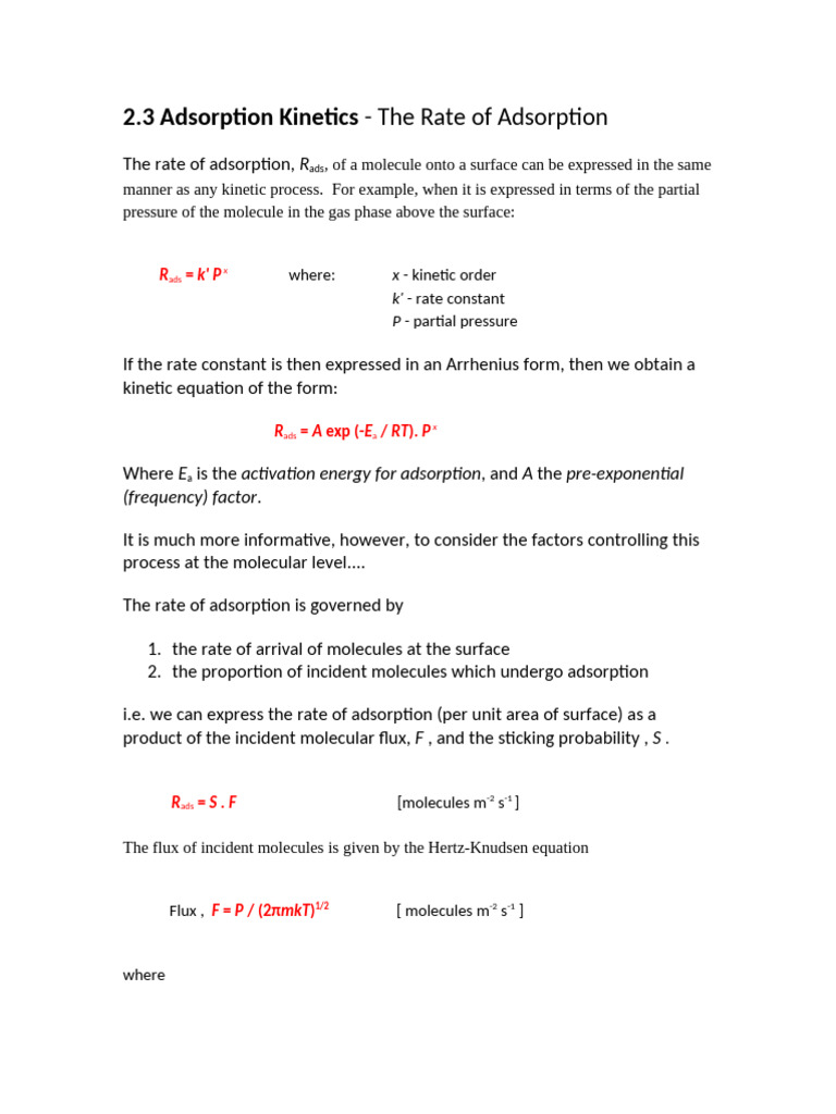 2.3 Adsorption Kinetics: - The Rate of Adsorption | PDF | Adsorption ...