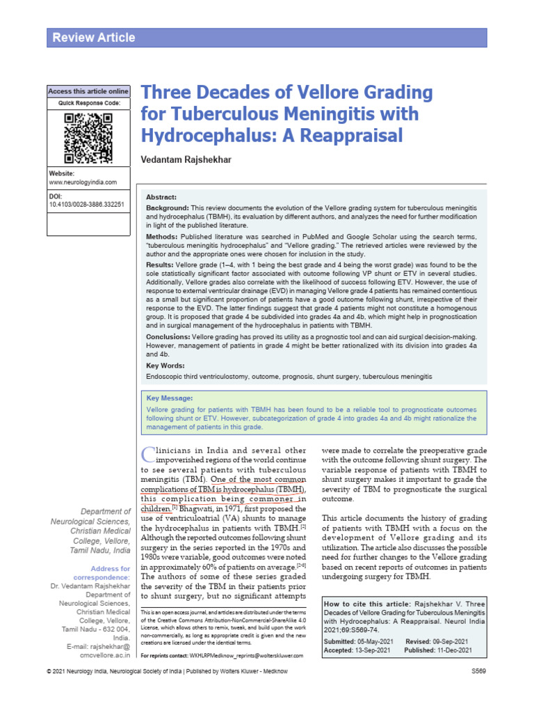 Vellore Grading for TBM with Hydrocephalus | PDF | Diseases And ...