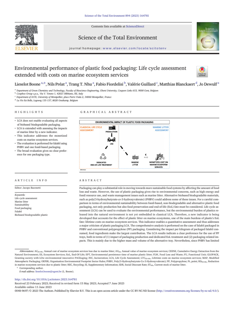 Environmental Performance of Plastic Food Packaging | PDF | Life Cycle ...