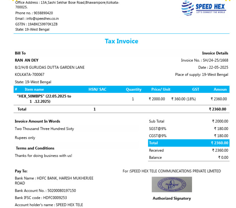 Speed Hex Telecom Invoice SH/24-25/1668 | PDF