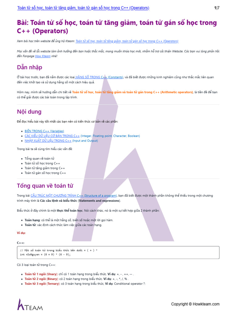 HOWKTEAM.VN - Toán tử số học, toán tử tăng giảm, toán tử gán số học trong C++ (Operators) | PDF
