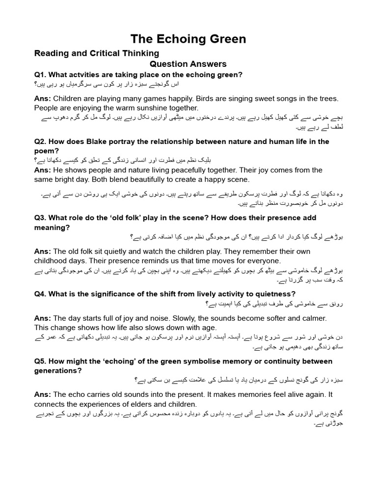 The Echoing Green Question Answers | PDF