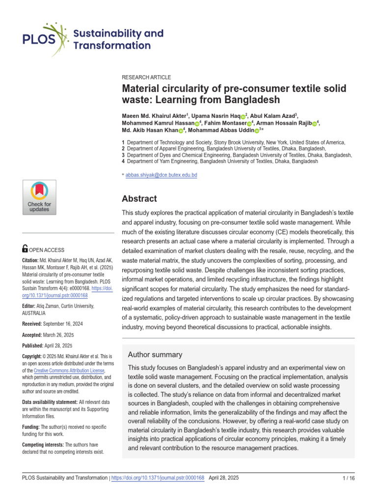 Material Circularity of Pre-Consumer Textile Solid | PDF | Textiles | Yarn