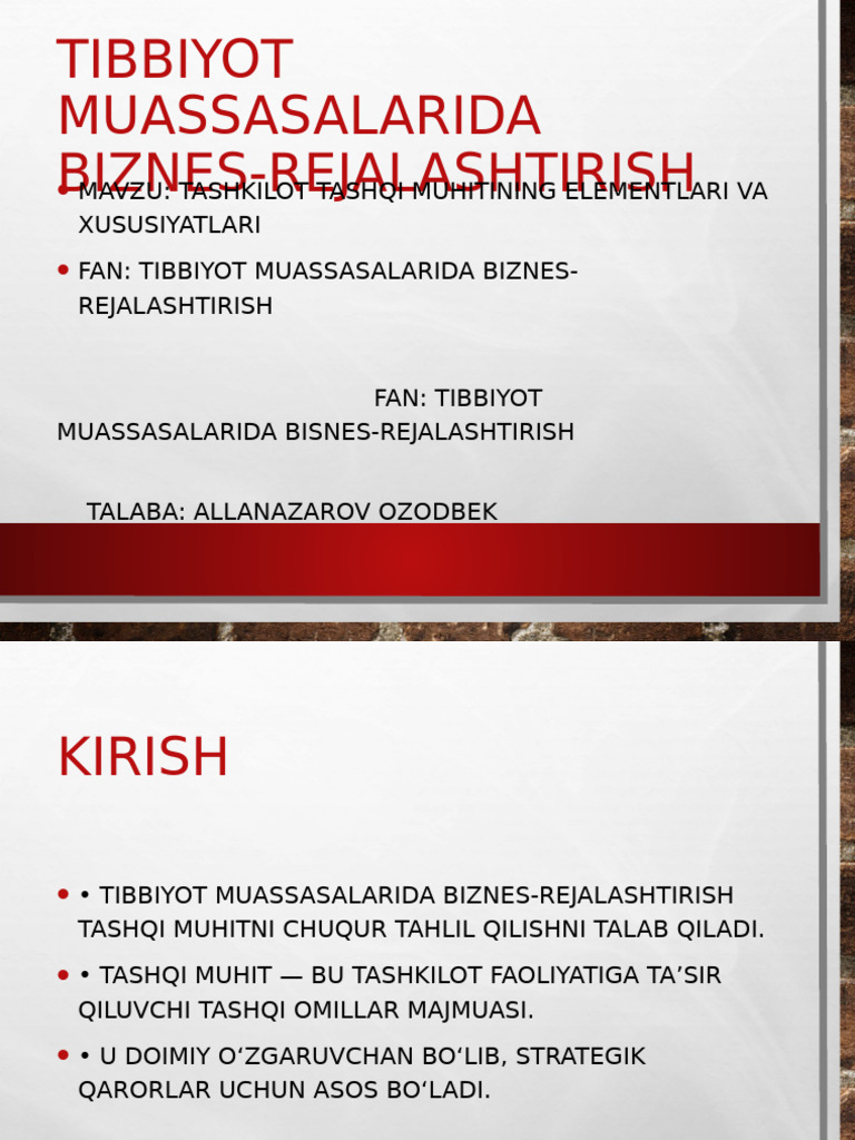Tibbiyot Tashqi Muhit Biznes Reja | PDF