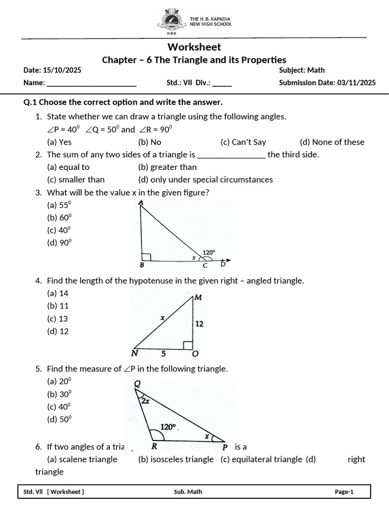Grade - 7 - Math - CH - 6 - Worksheet | PDF | Triangle | Euclidean Geometry