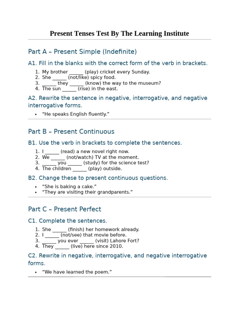 Present Tenses Test for English Learners | PDF | Linguistics | Human ...