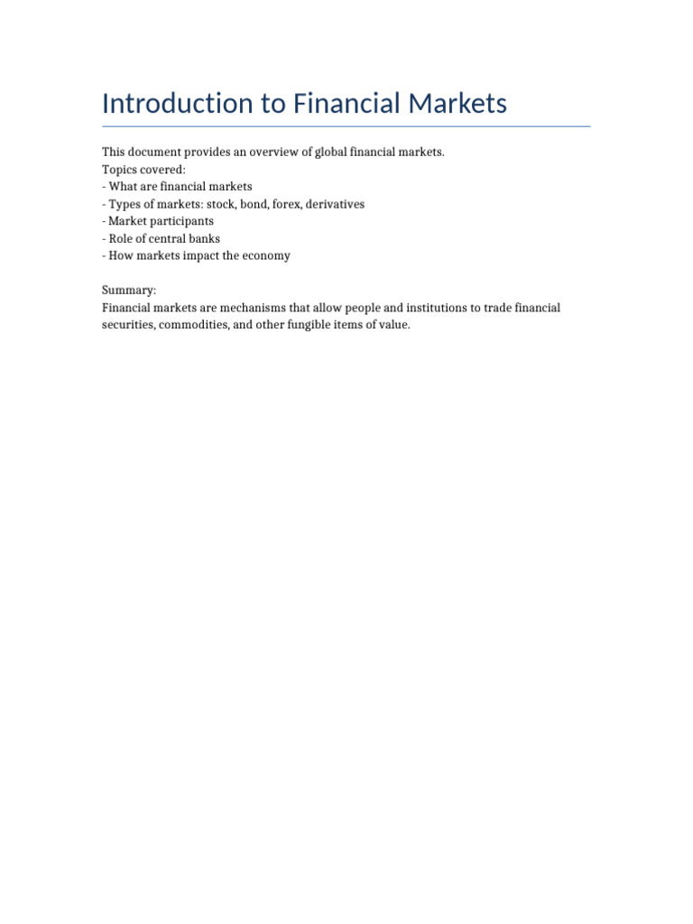 Introduction To Financial Markets | PDF
