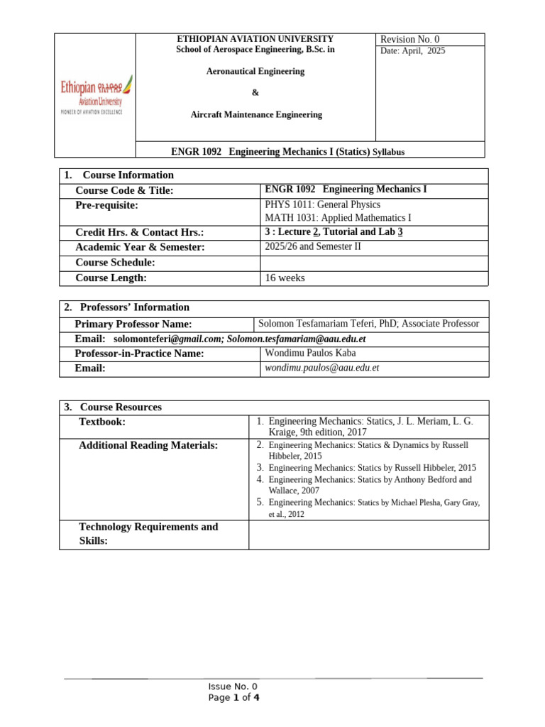 ENGR 1092 - Course Breakdown 2025 - 2026 by Solomon | PDF | Force | Truss