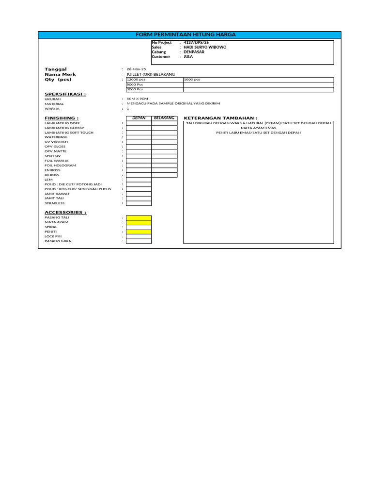 (4127) Form Hitung Harga JUILLET (ORI) BELAKANG | PDF