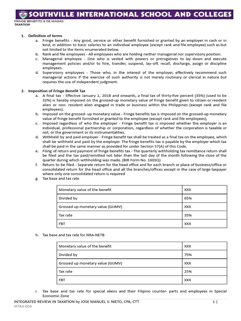 Irtax 004. Fringe Benefits Tax | PDF | Employee Benefits | Taxes