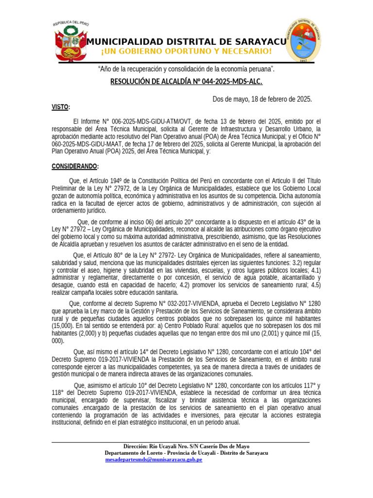 RESOLUCION ALCALDIA N° 044-2025-MDS-ALC, APROBACION POA-2025-ATM | PDF | Gobierno local | Agua ...