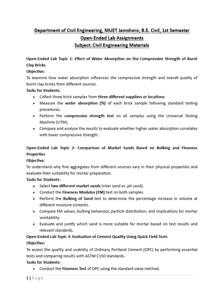 Civil Engineering Lab Assignments Guide | PDF | Mortar (Masonry)