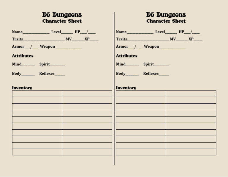 D6 Dungeons Character Sheet Template | PDF