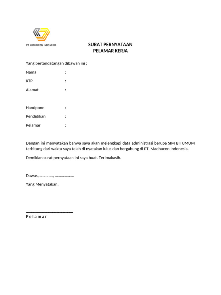 Surat Pernyataan Pelamar Kerja SIM BII | PDF