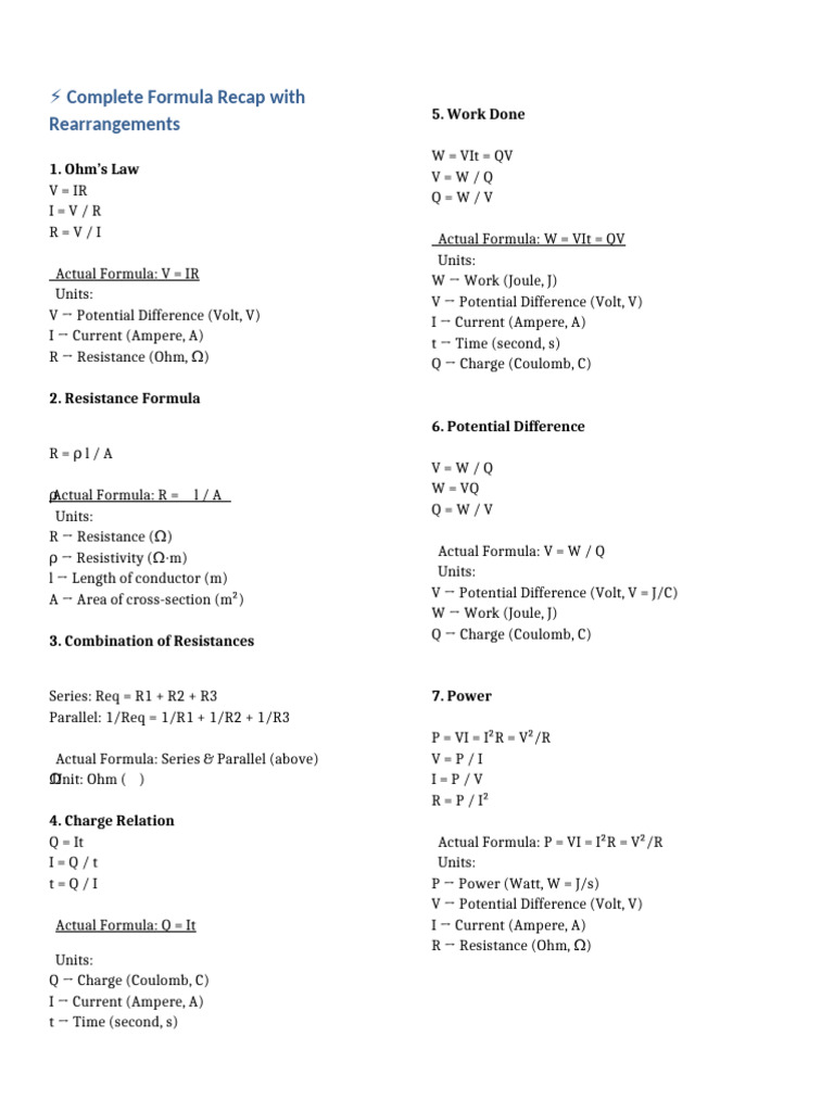 Class10 Electricity Formula | PDF | Volt | Electrical Engineering