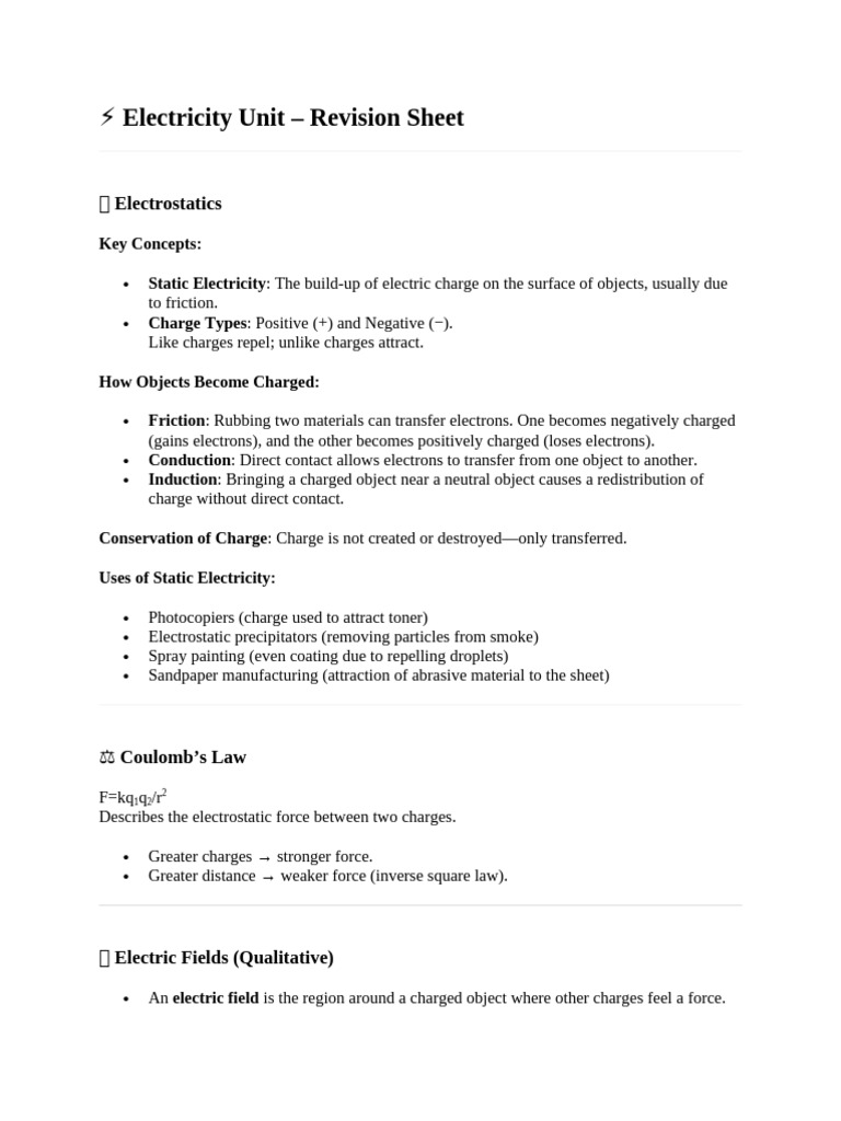 Electricity Unit Review Sheet | PDF | Electric Charge | Electric Power