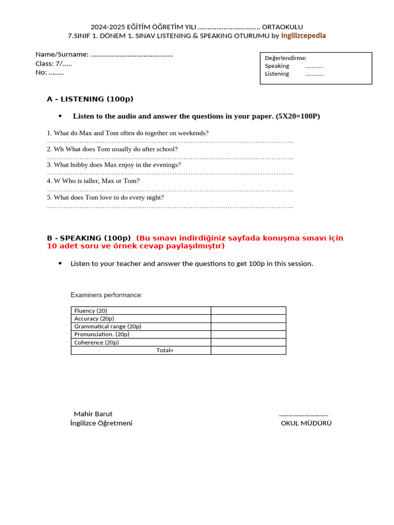 7.Sinif 1.Donem 1.Listening Speaking Ornek Sinav Kagidi. Yeni (1) | PDF