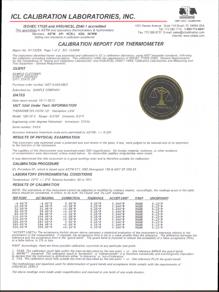 Sample ASTM Thermometer Report 2013 | PDF