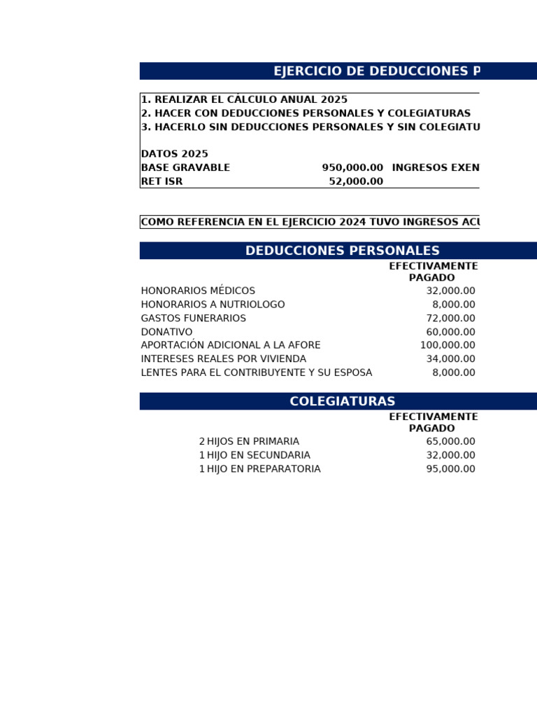 15 Ejercicio Deduc. Personales y Colegiaturas en Blanco | PDF