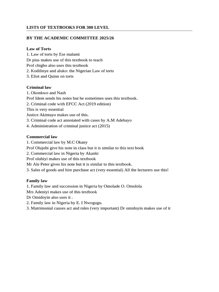 300 Level Textbooks for Law Students | PDF