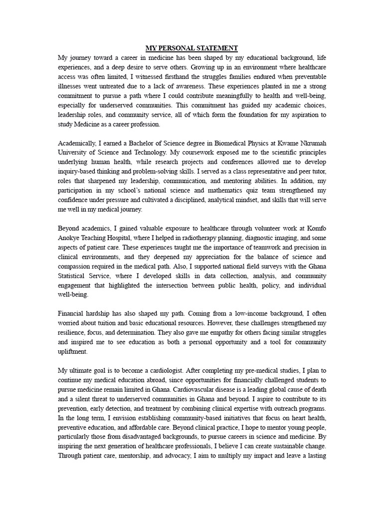 My Personal Statement As I Hope To Be A Medical Practitioner | PDF ...