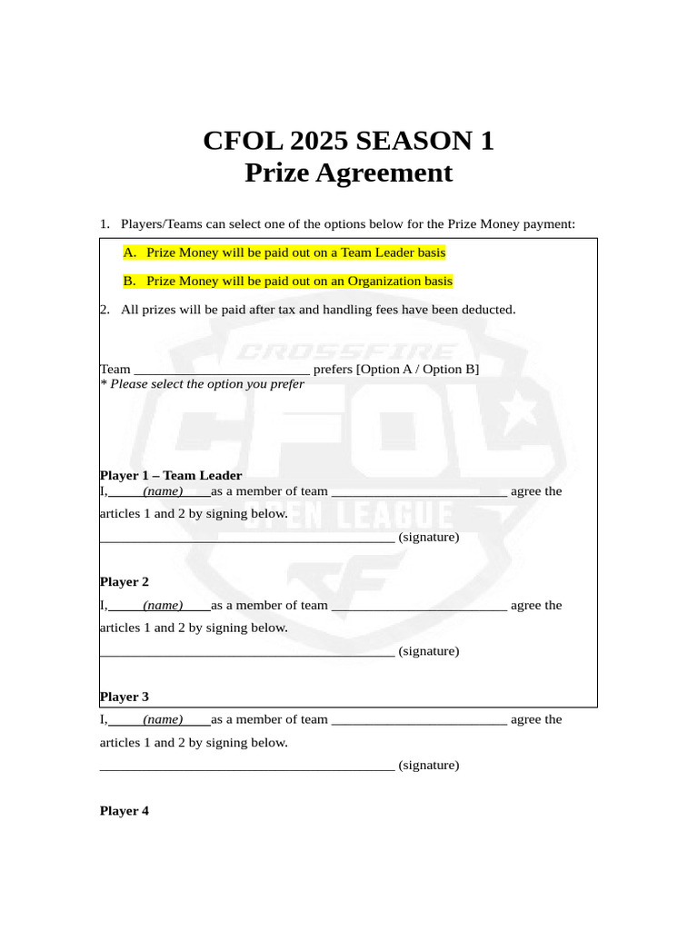 CFOL 2025 Season 1 Prize Agreement | PDF