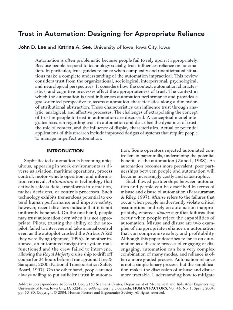 Trust in Automation Designing for Appropriate Reliance | PDF | Attitude ...